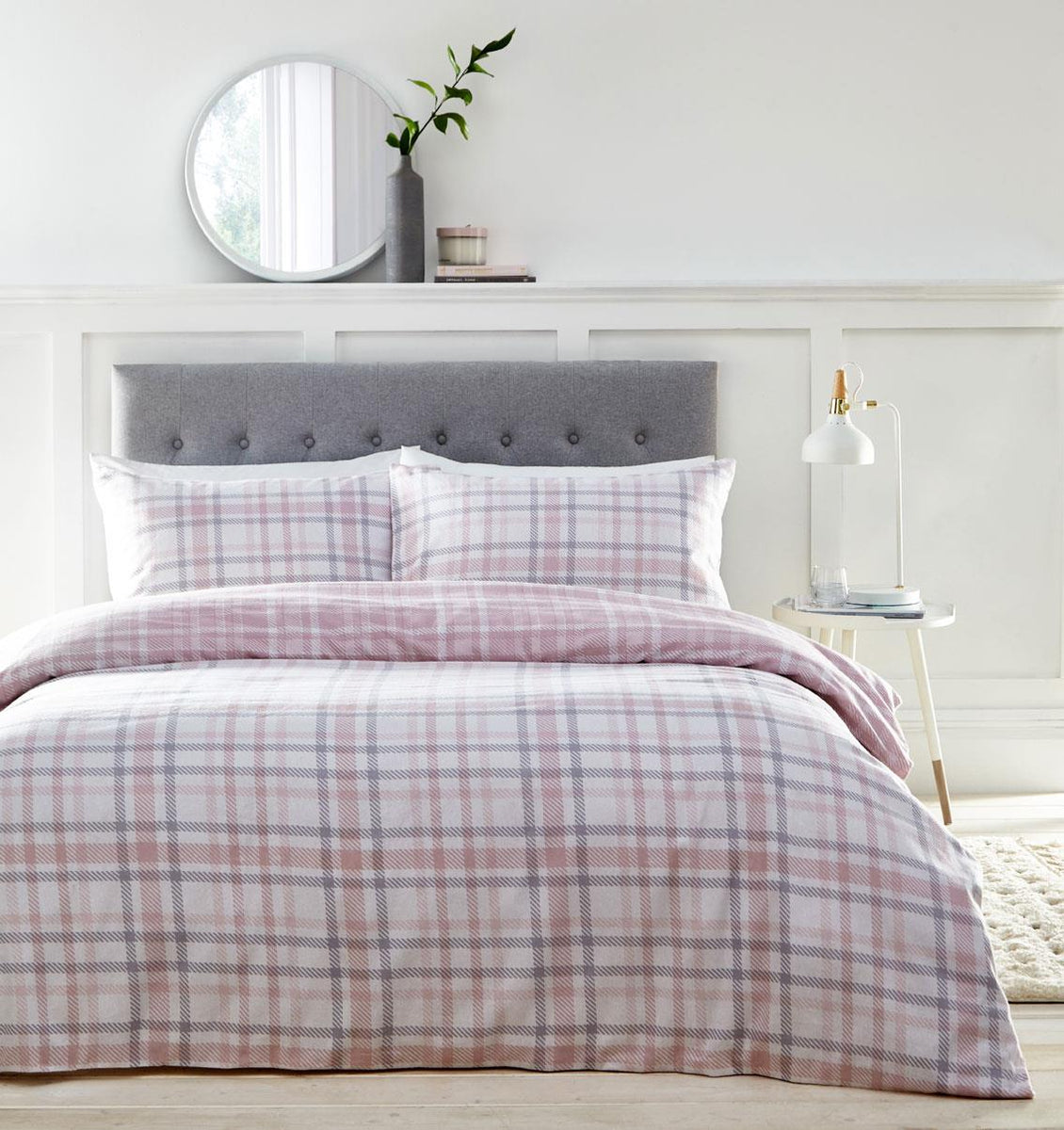 Pink bedding duvet set check cover cosy warm brushed cotton tartan fla ...